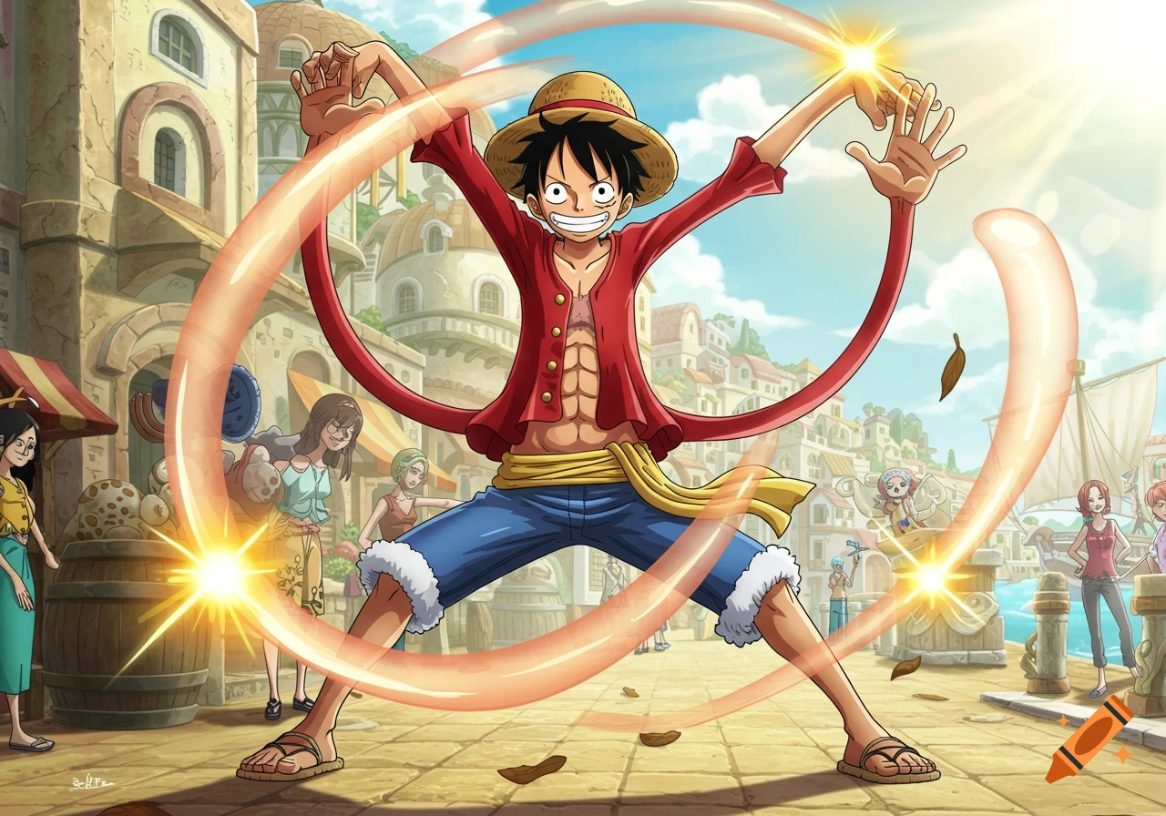 Anime illustration of Monkey D. Luffy stretching his arms with energy ...