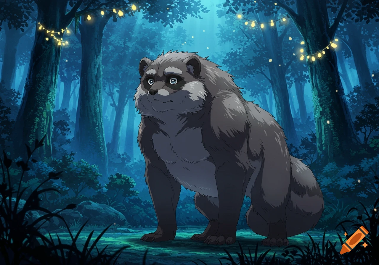 An anime-style tanuki monster stands in a dark blue forest lit by ...