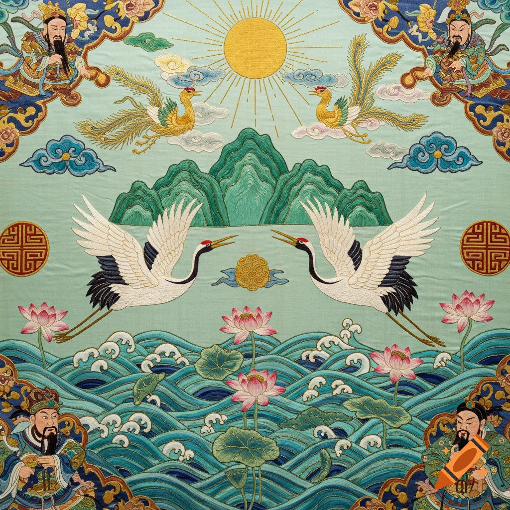 Highly detailed Qing dynasty-style silk embroidery featuring two cranes ...