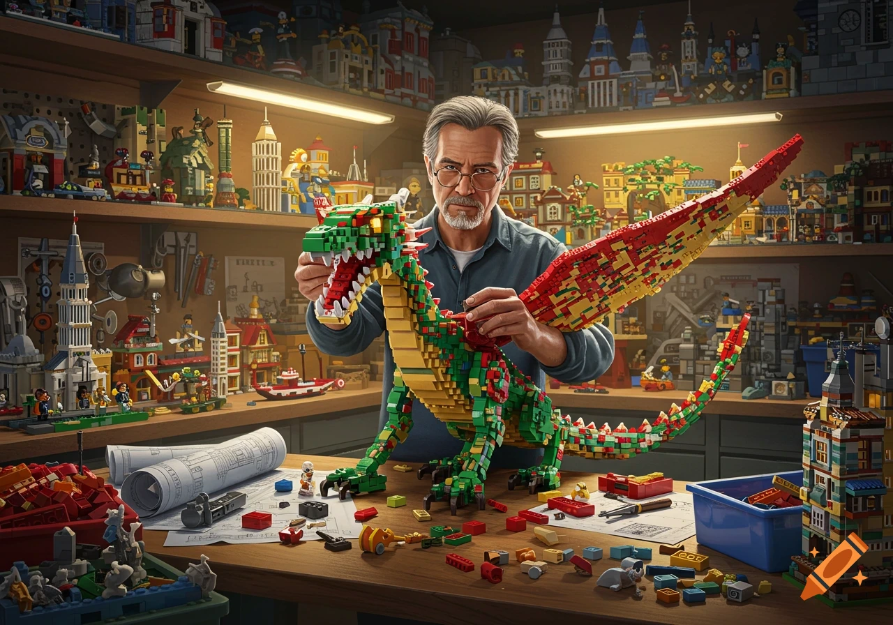 An older man with glasses builds a large green and red Lego dragon on a ...