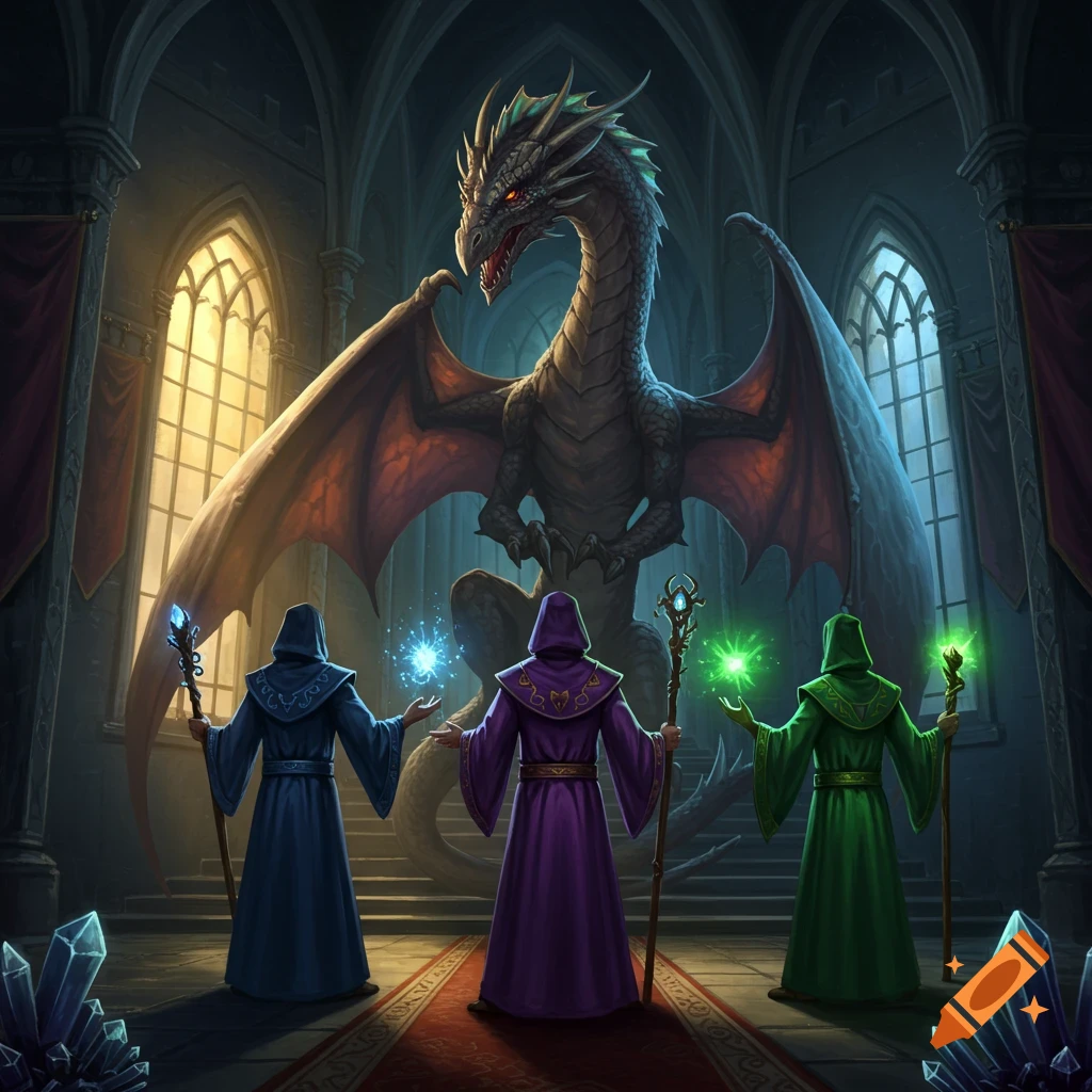 Three robed wizards, one blue, one purple, and one green, face a large ...