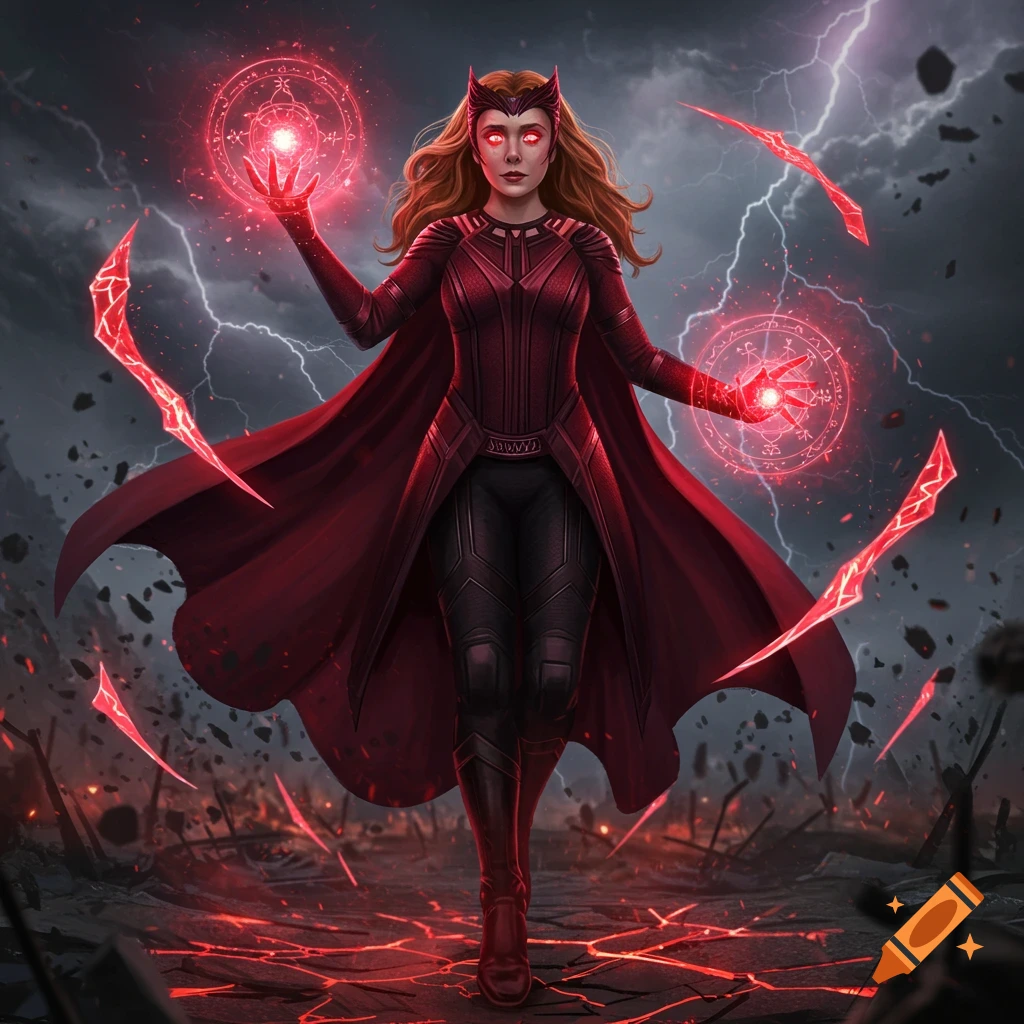 Scarlet Witch in her godlike form, with glowing red eyes and hands ...
