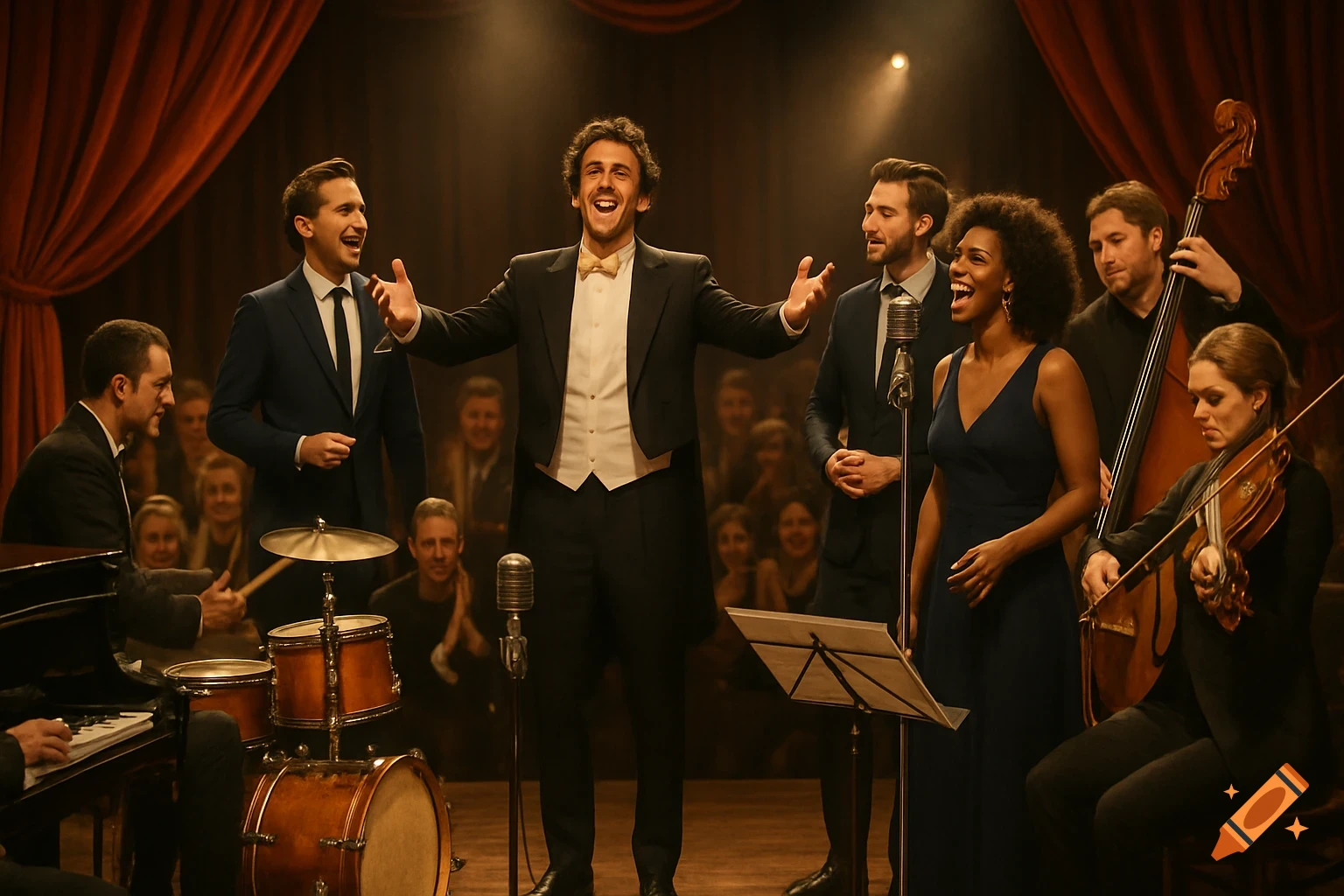 A photorealistic image of a lively music performance on stage with ...