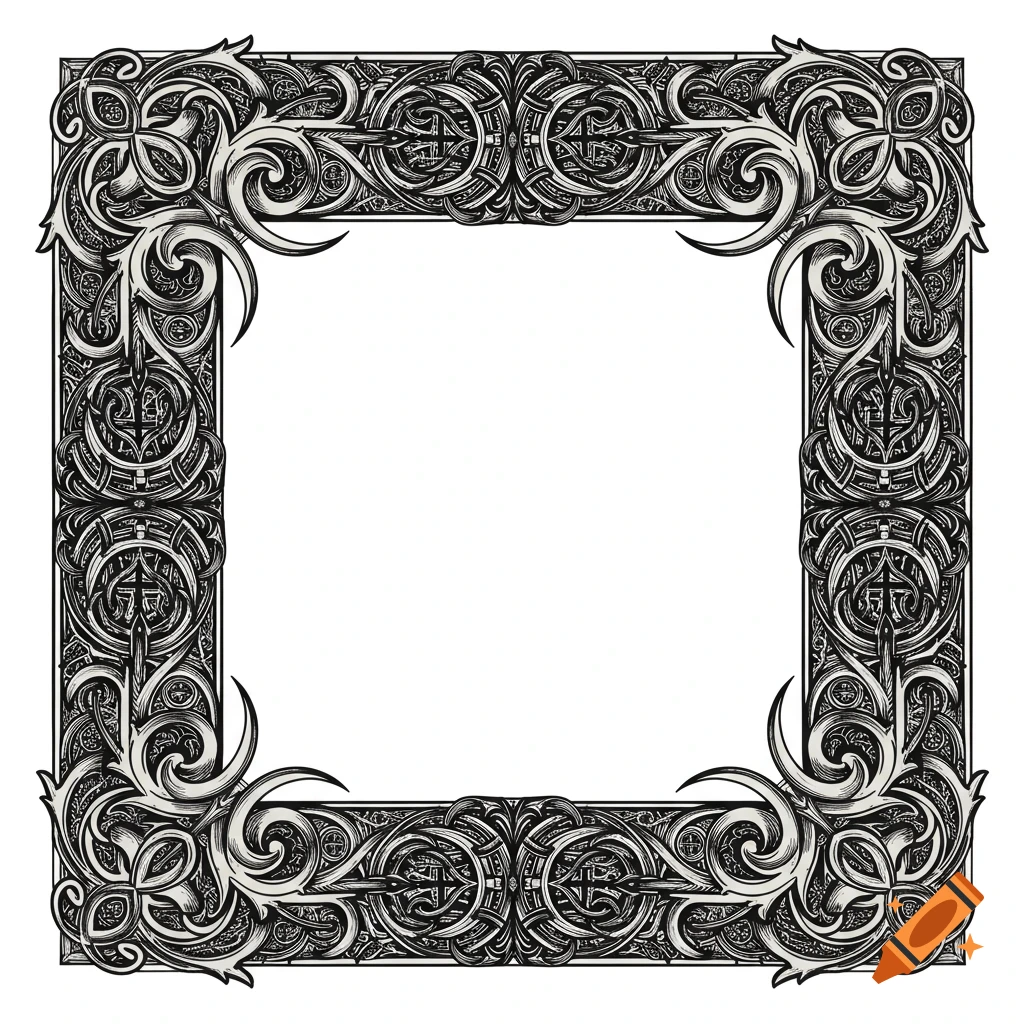 An intricate, highly detailed square frame border in black and white ...