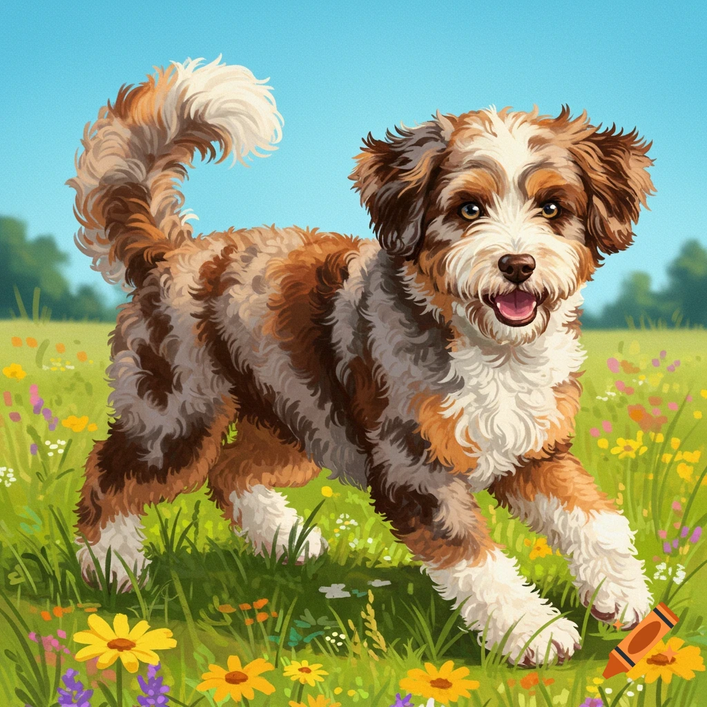 A fluffy brown and white spotted Aussie Doodle dog runs happily in a ...