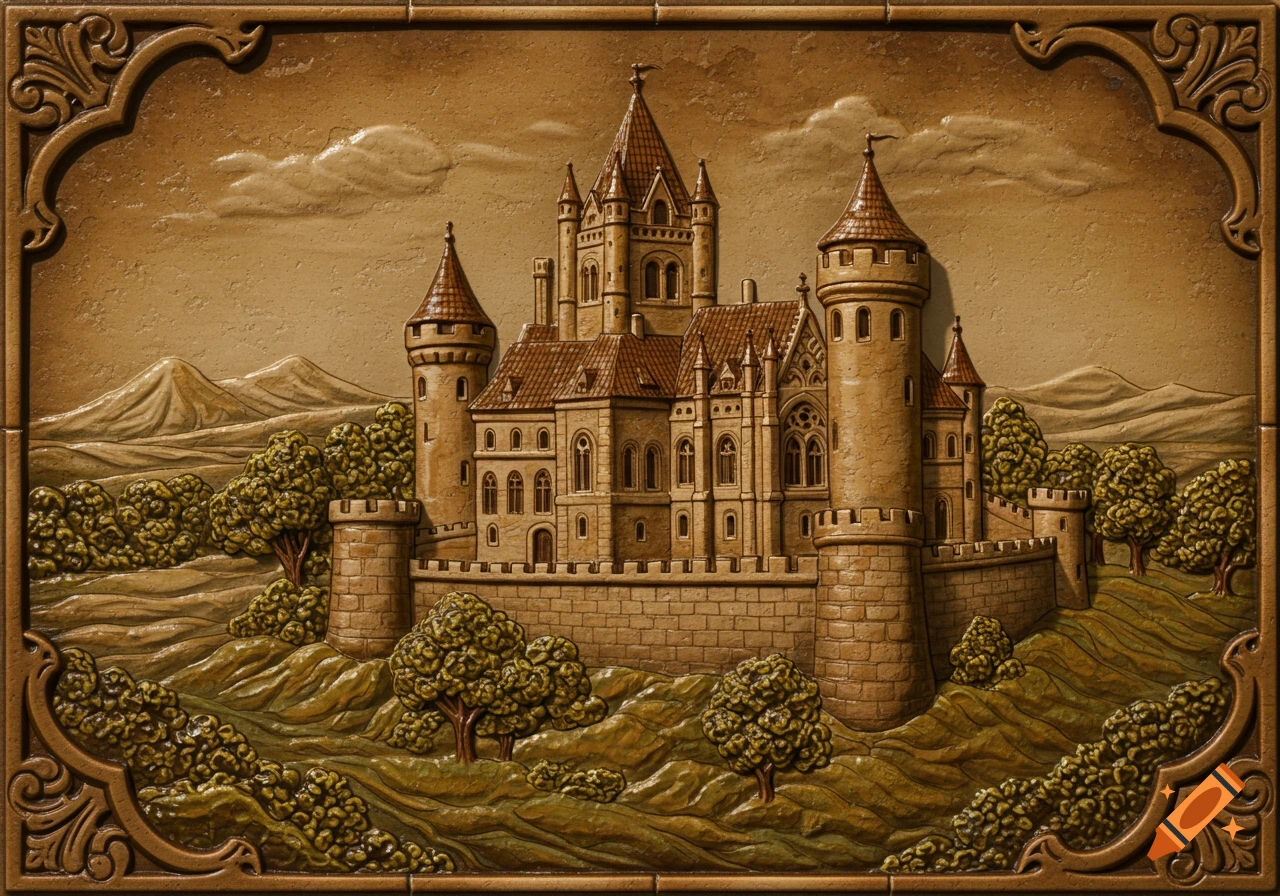 A detailed relief sculpture depicting a fantastical castle with ...