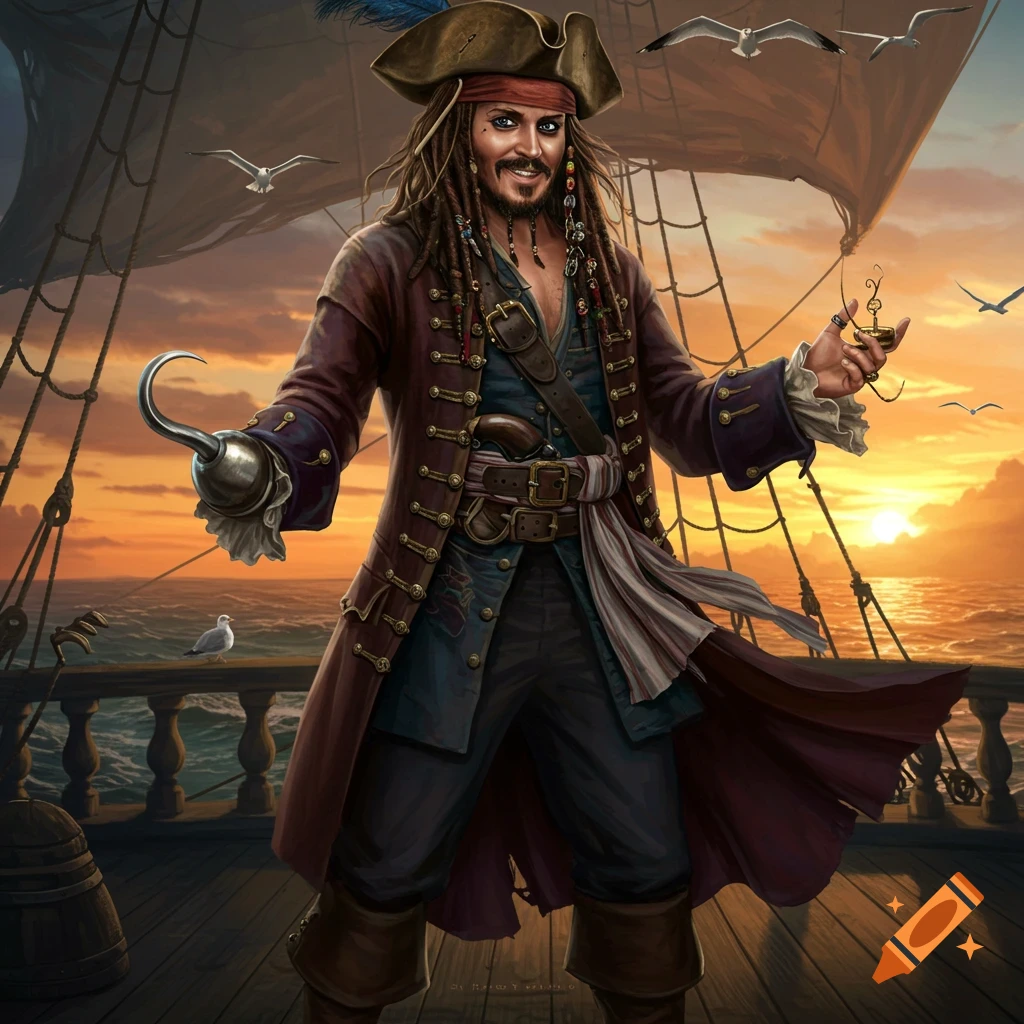 A stylized pirate with dreadlocks and a hook hand, resembling Jack ...