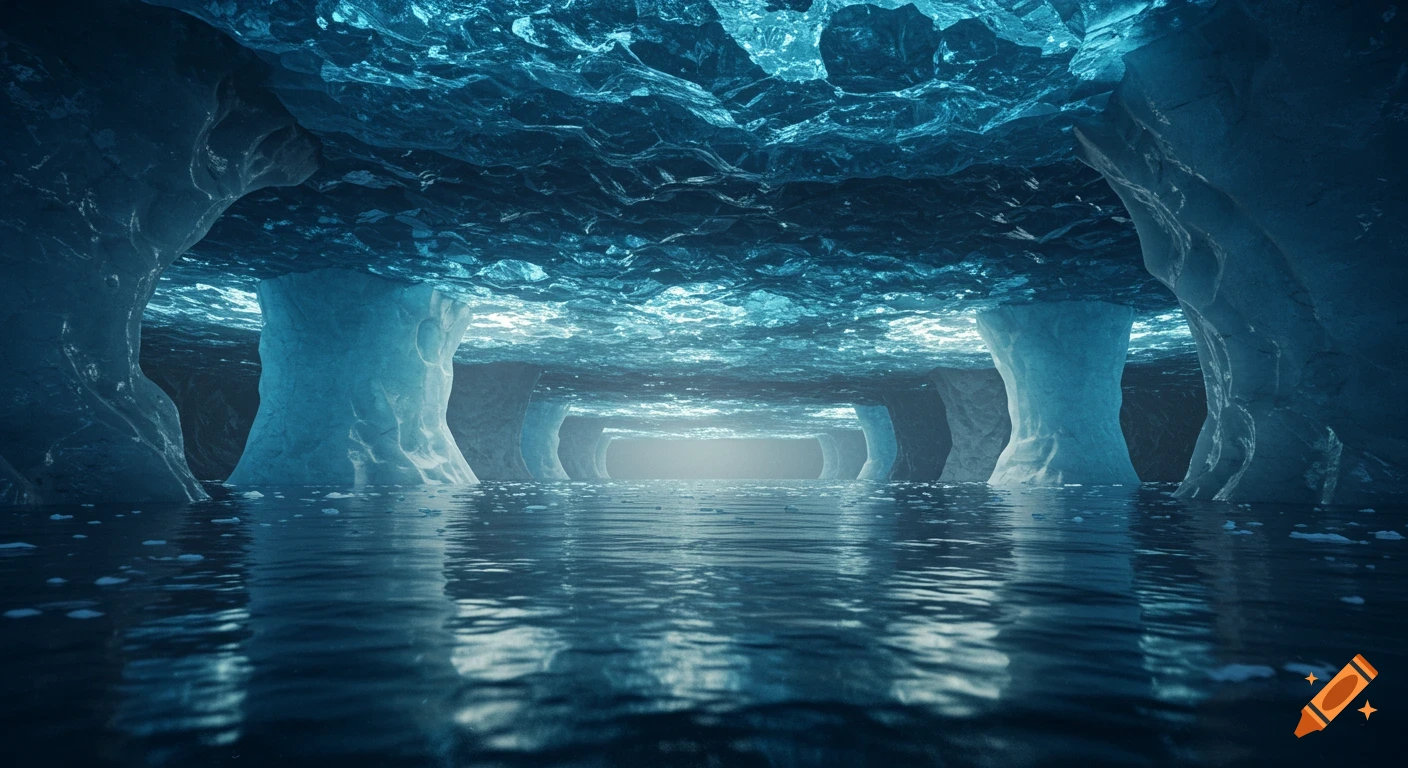 A surreal, expansive ice cave with icy columns reflecting in still blue ...