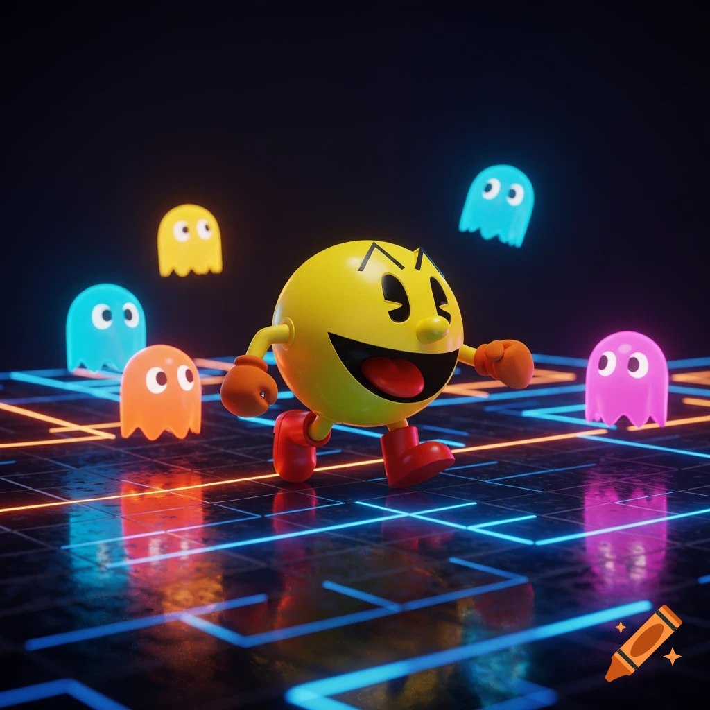 A 3D rendering of Pac-Man running on a glowing neon grid, pursued by ...