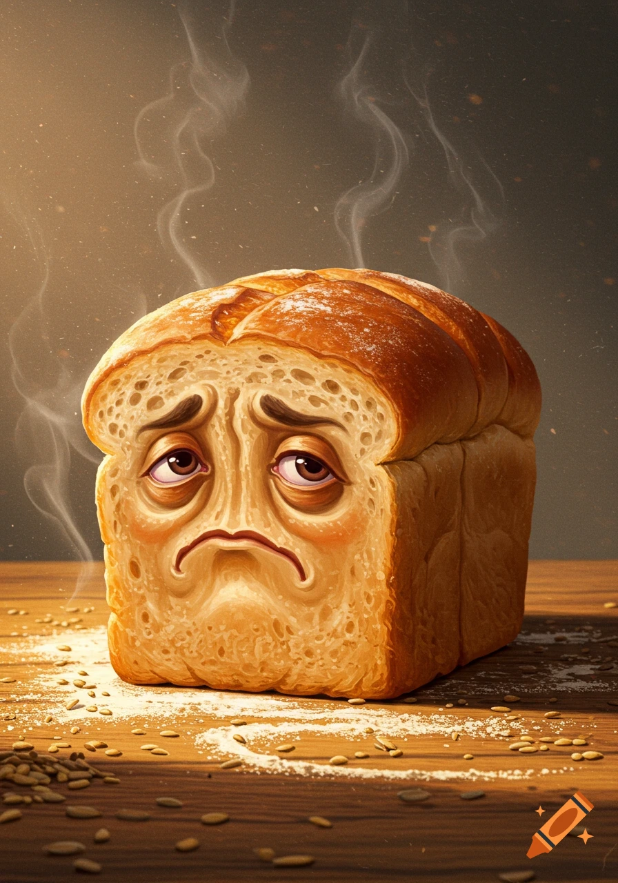A cartoonish loaf of bread with a sad face sits on a wooden table ...