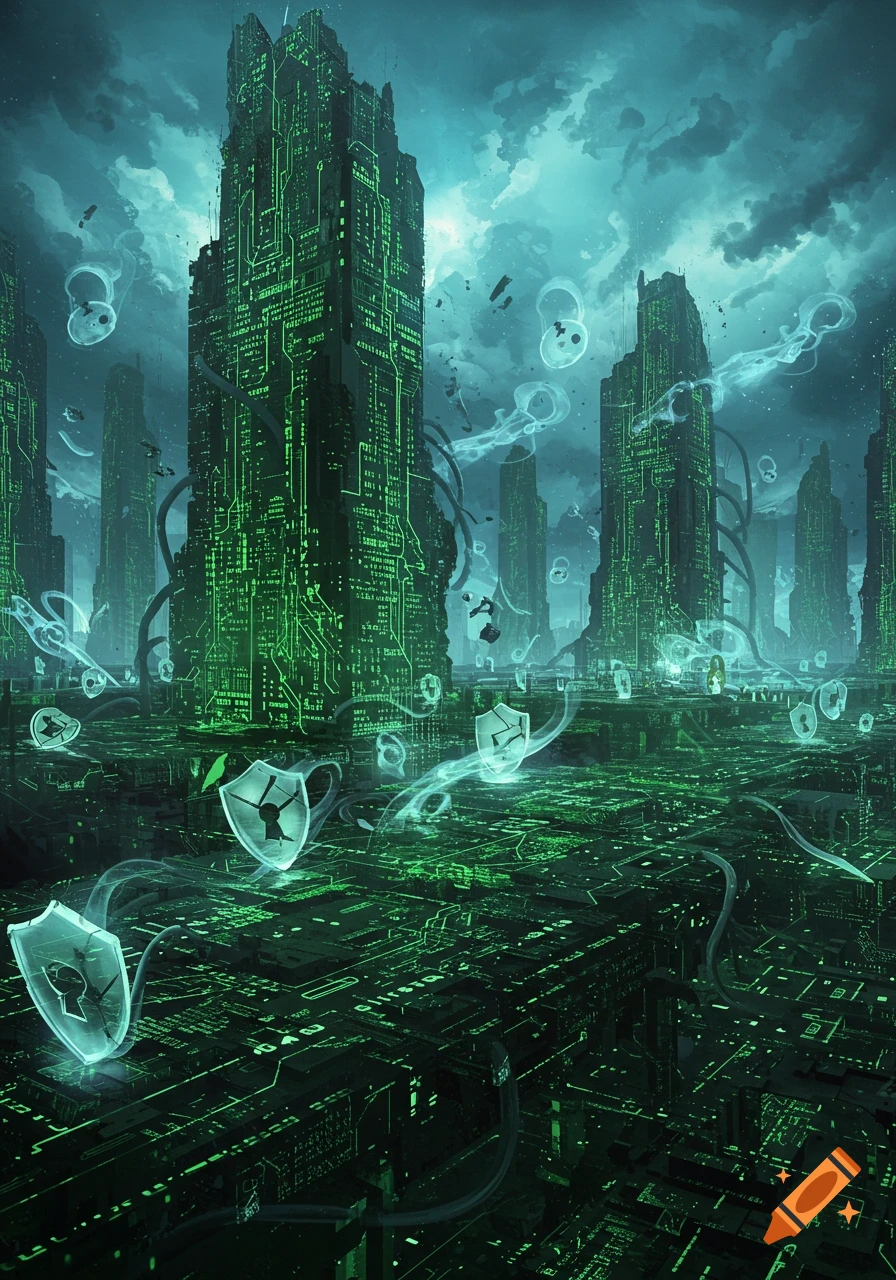 A dark, futuristic city with tall buildings covered in glowing green ...
