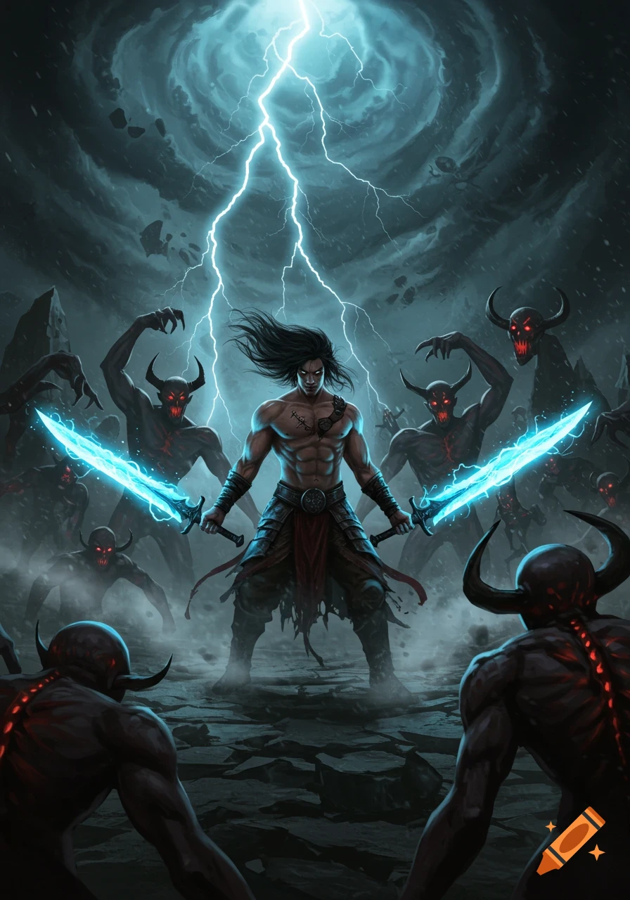 Muscular man with two glowing swords fights red-eyed demons under a ...