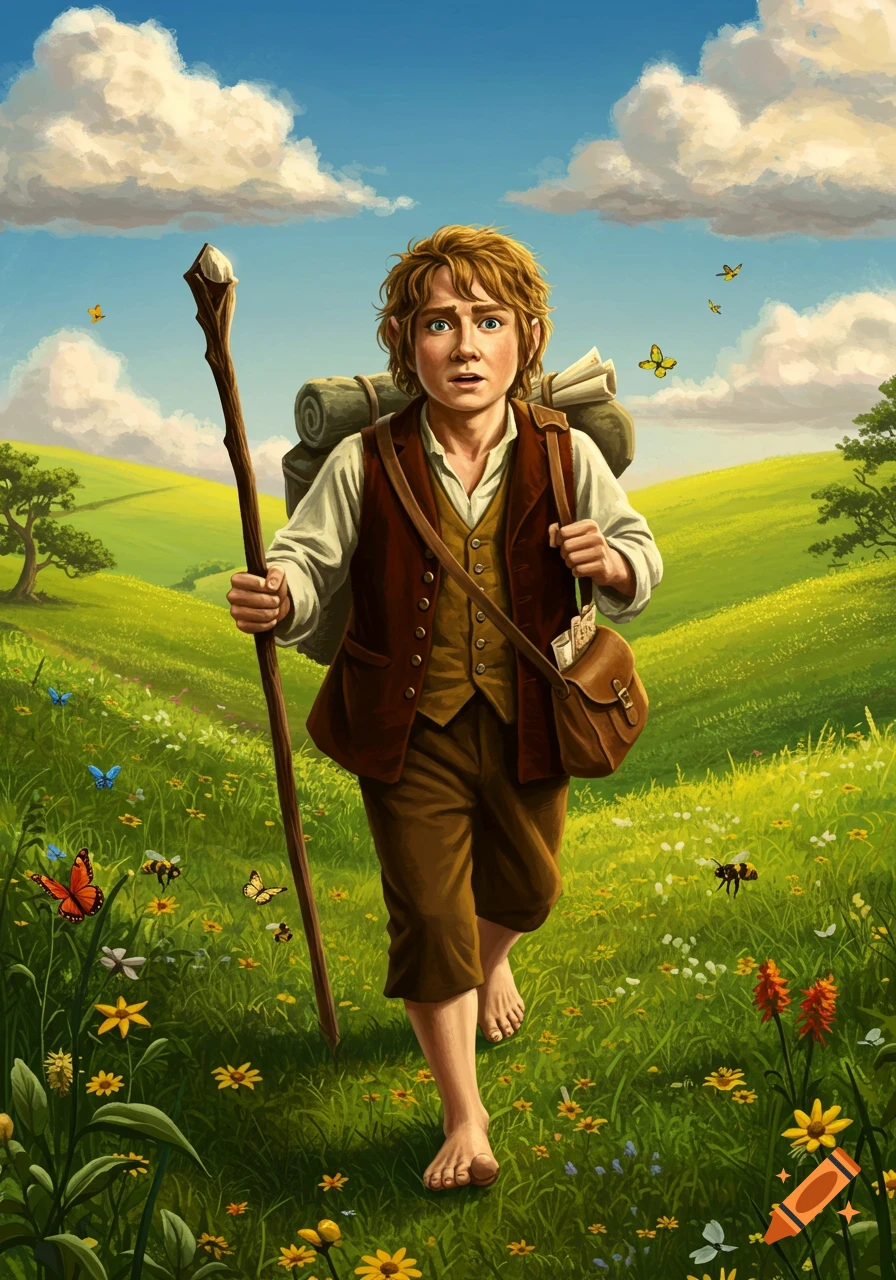 Illustrated scene of a young hobbit-like character walking barefoot ...