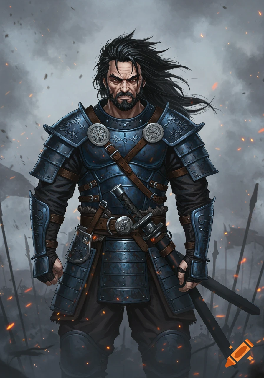A grizzled warrior with long black hair and a beard, wearing dark blue ...