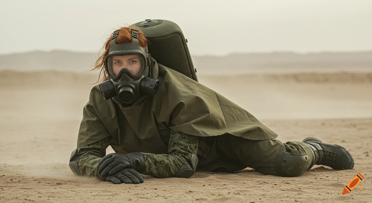 A red-haired woman in a gas mask and military protective gear lies in a ...
