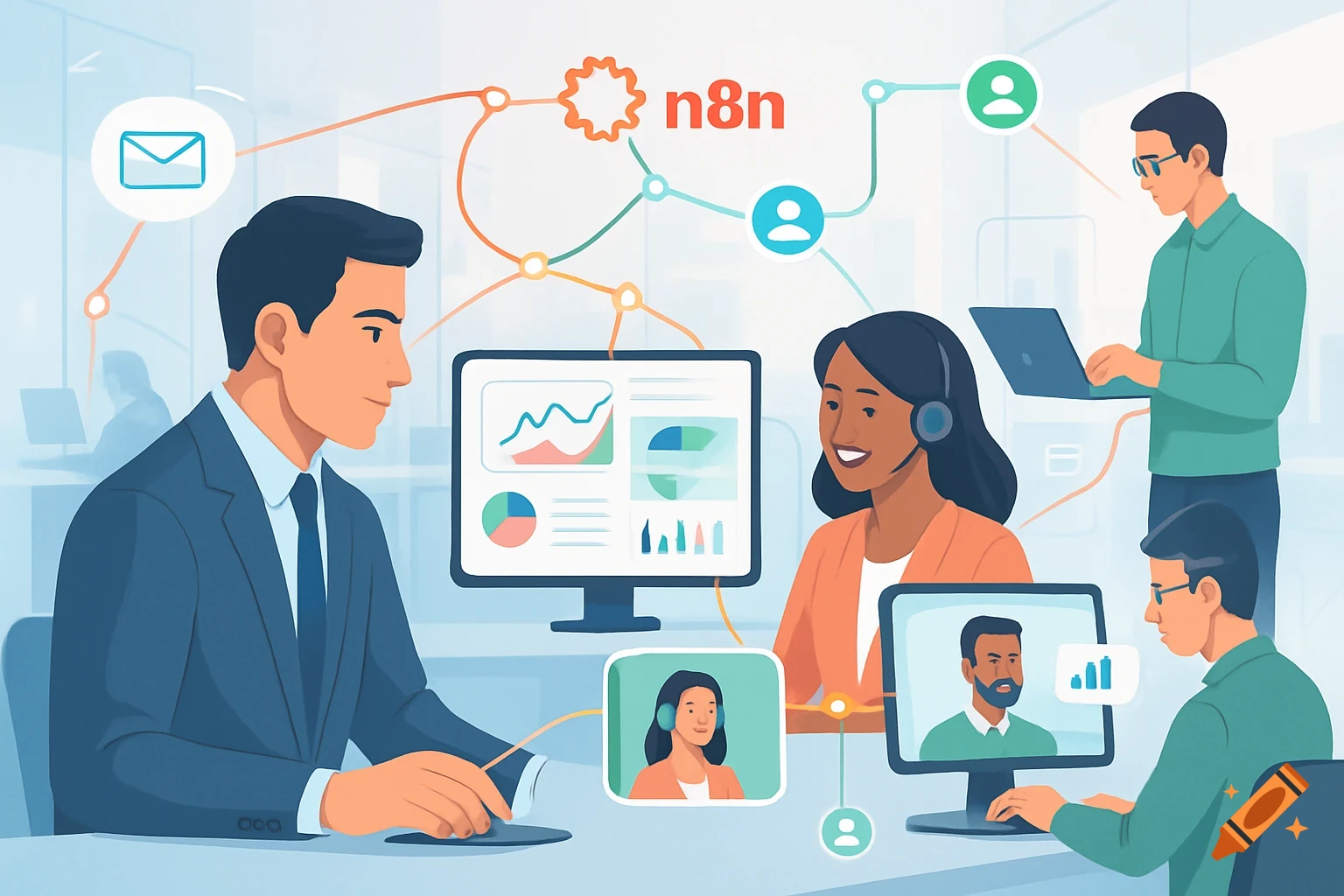 Modern illustration of diverse business professionals collaborating on ...