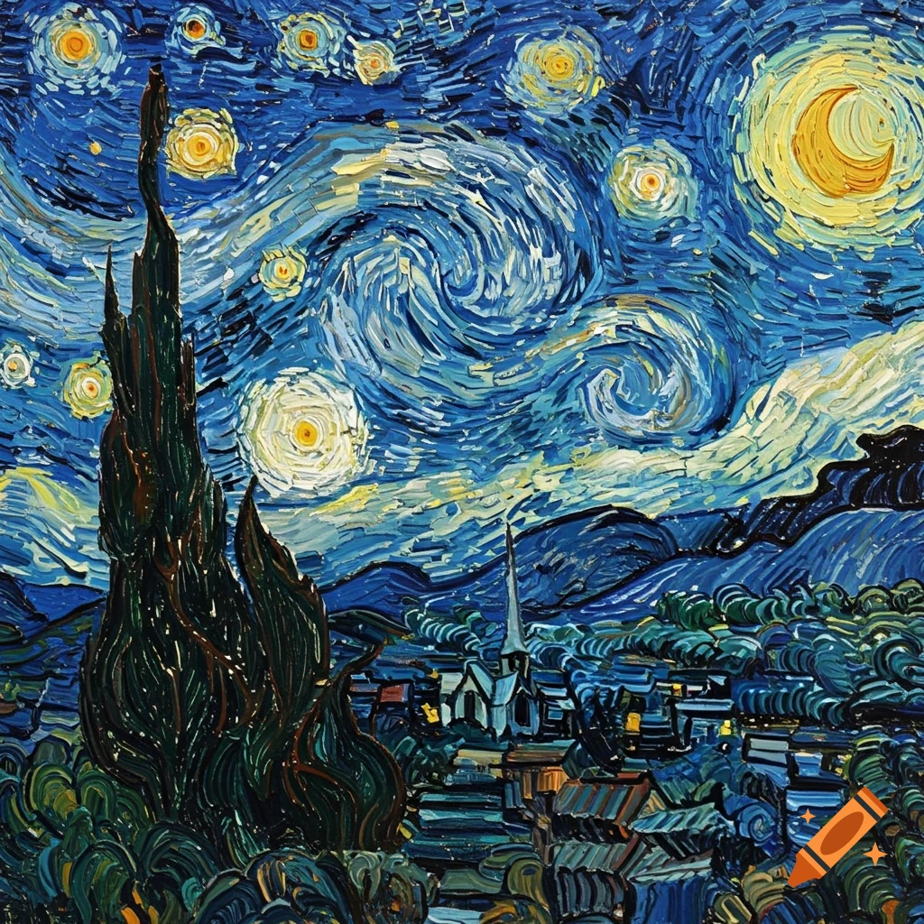Textured painting in Van Gogh's 'Starry Night' style: dark cypress ...