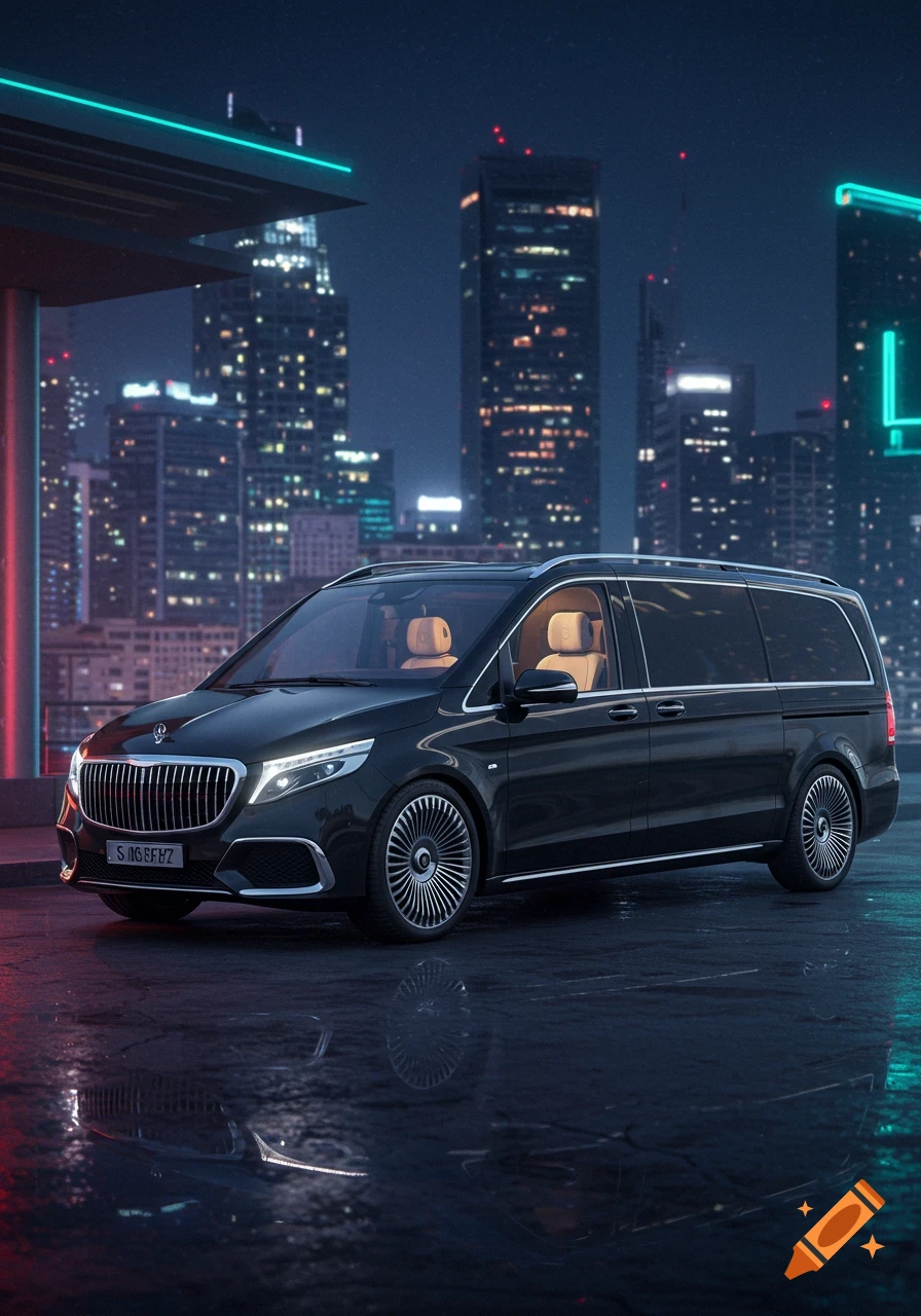 A black luxury minivan parked on wet ground in a neon-lit city at night ...