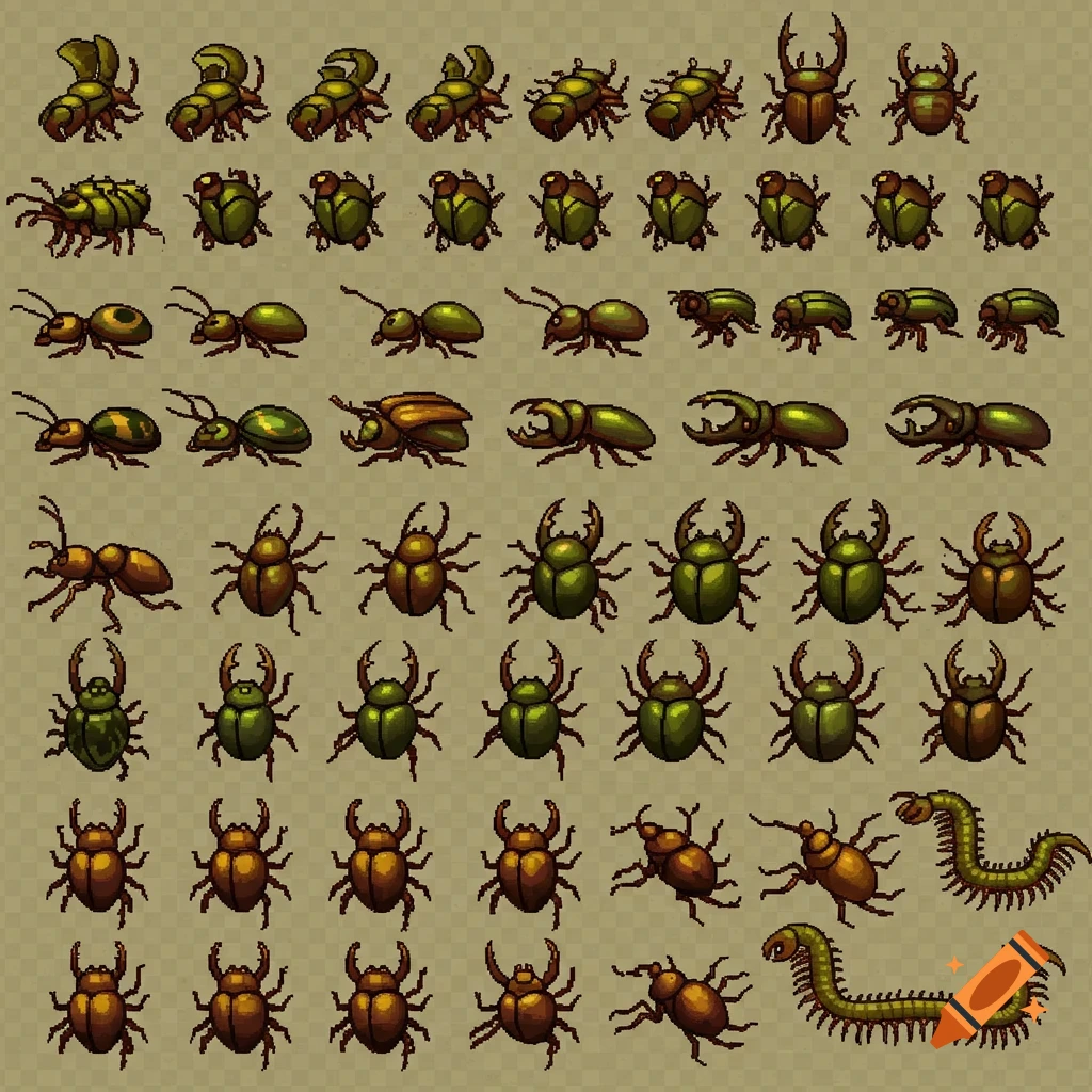 A pixel art sprite sheet displaying a grid of various green and brown ...