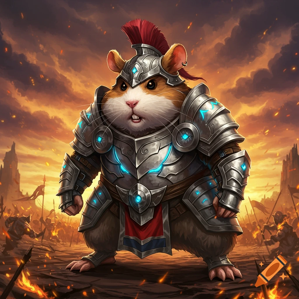 A brave hamster warrior in detailed silver and blue armor stands on a ...