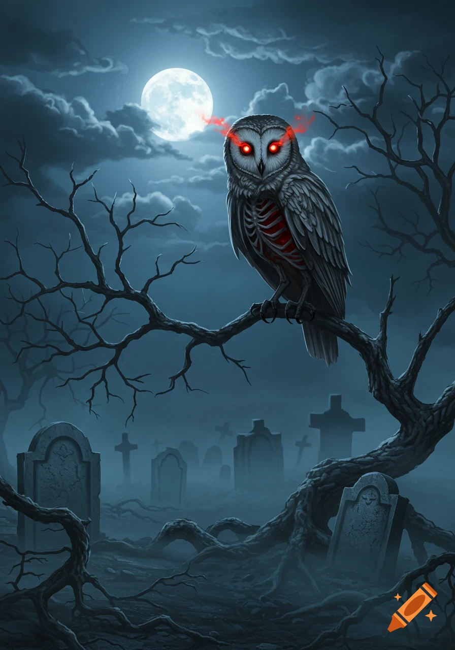 An undead owl with glowing red eyes and a visible ribcage perches on a ...