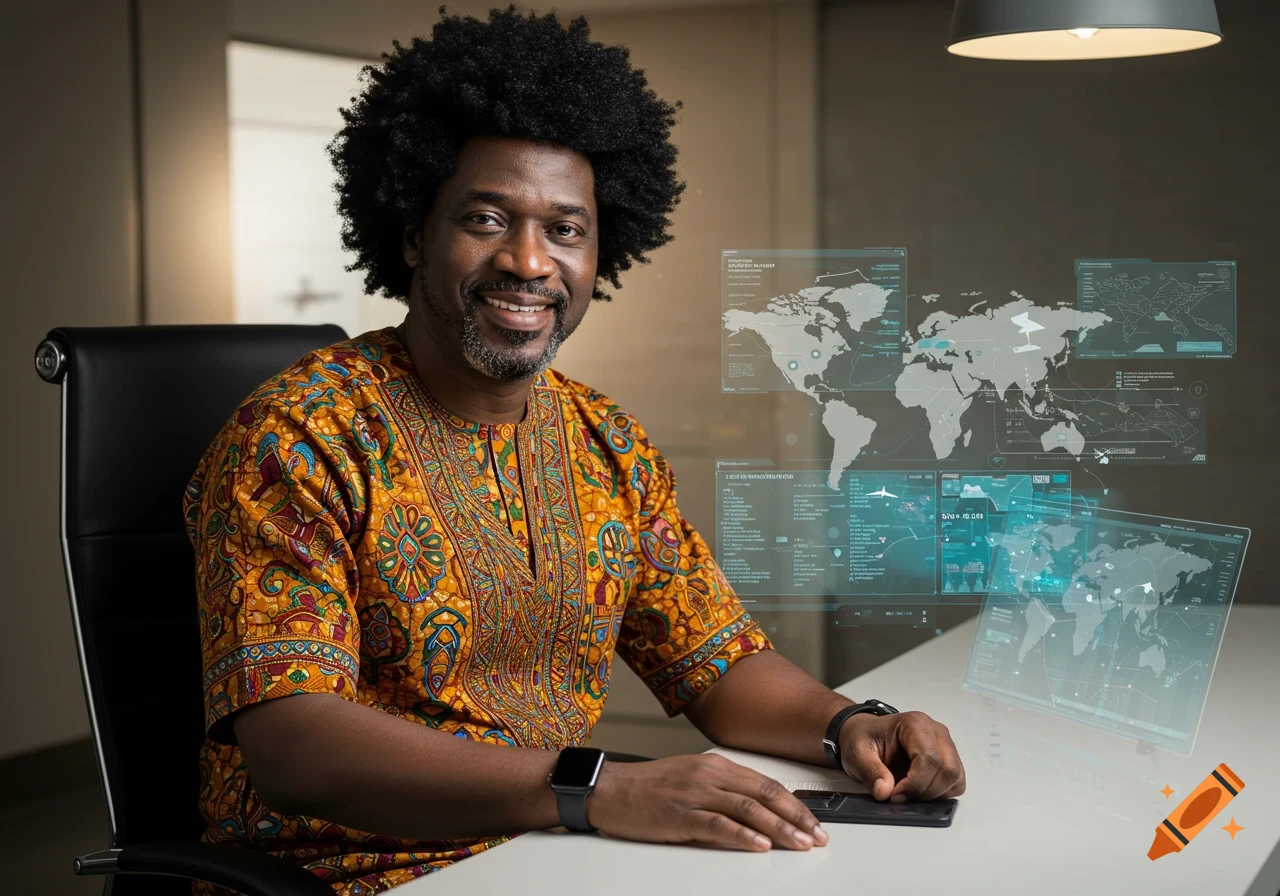 A smiling Black man with an Afro hairstyle wears a vibrant traditional ...