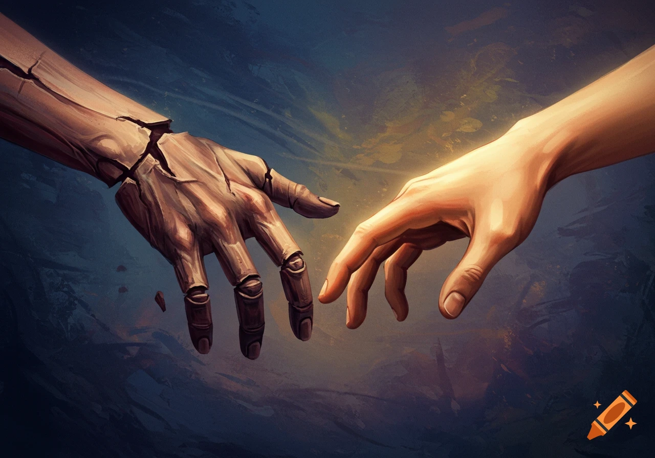 A stylized painting shows a cracked wooden hand reaching toward a ...