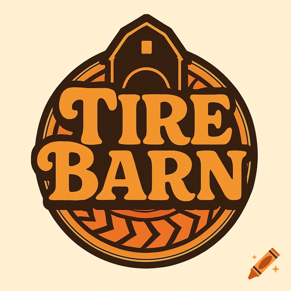 1970s-styled circular logo for 'Tire Barn' featuring a barn silhouette ...