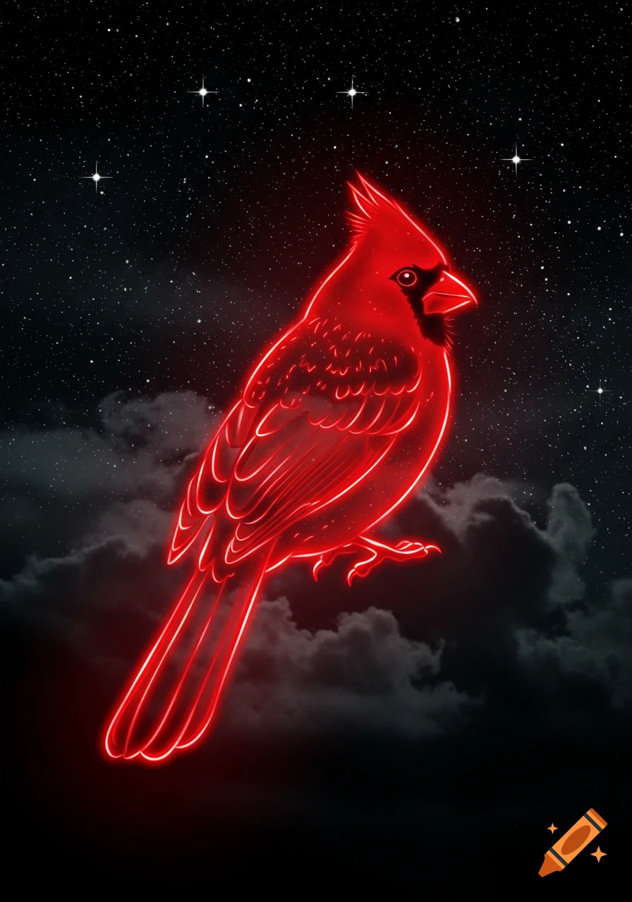 A neon red outline of a cardinal bird glowing against a dark, star ...