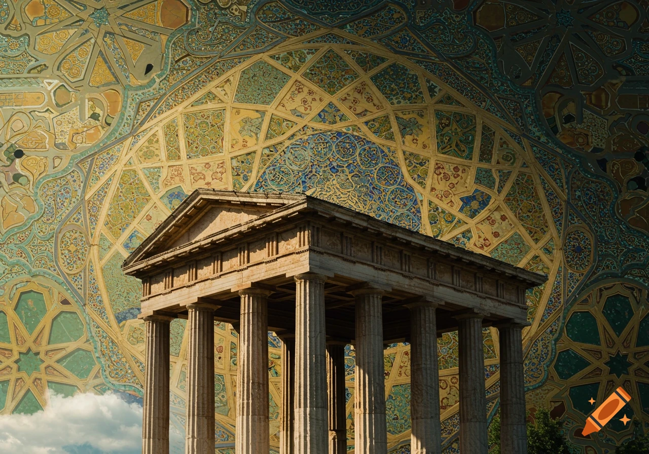A Greek temple with columns stands in front of a vibrant, intricate ...