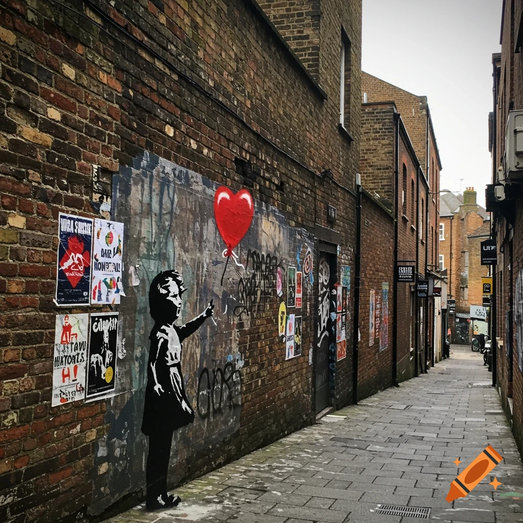 A Banksy-style stencil of a girl reaching for a red heart balloon on a ...