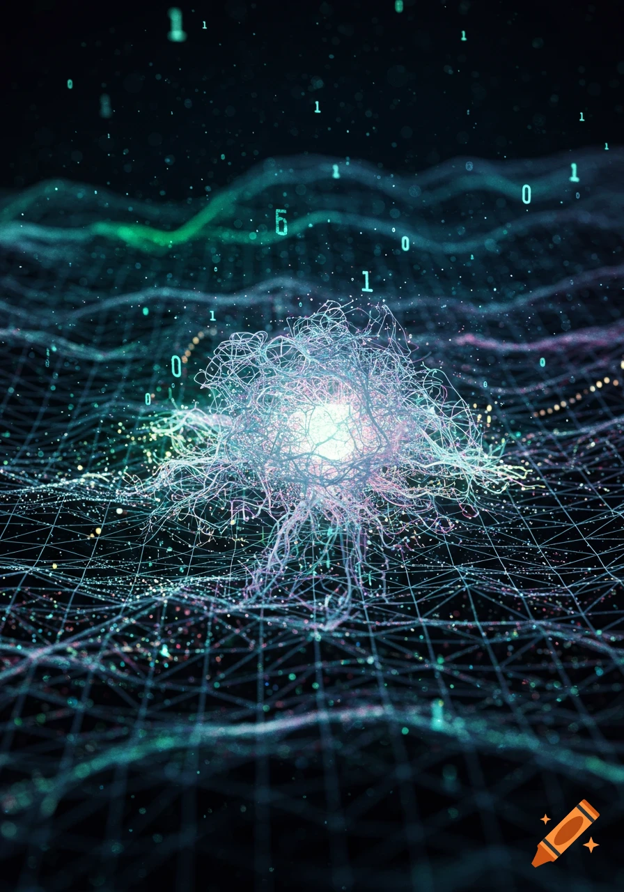 A glowing, intricate abstract structure resembling a neural network or ...