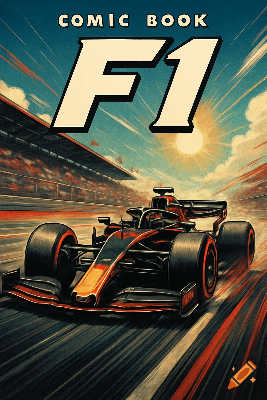 A retro-style comic book cover featuring a Formula 1 race car speeding ...