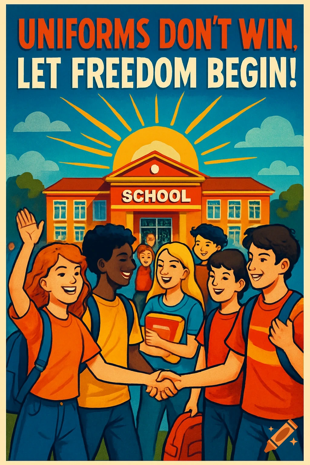 Cartoon propaganda poster with diverse students smiling and shaking ...