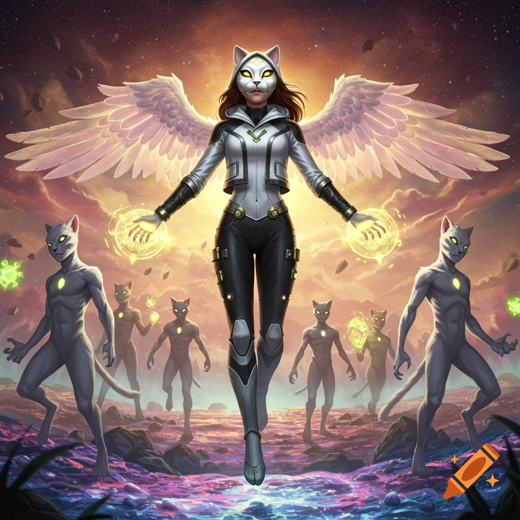 A winged female hero in a cat mask and suit levitates with glowing ...