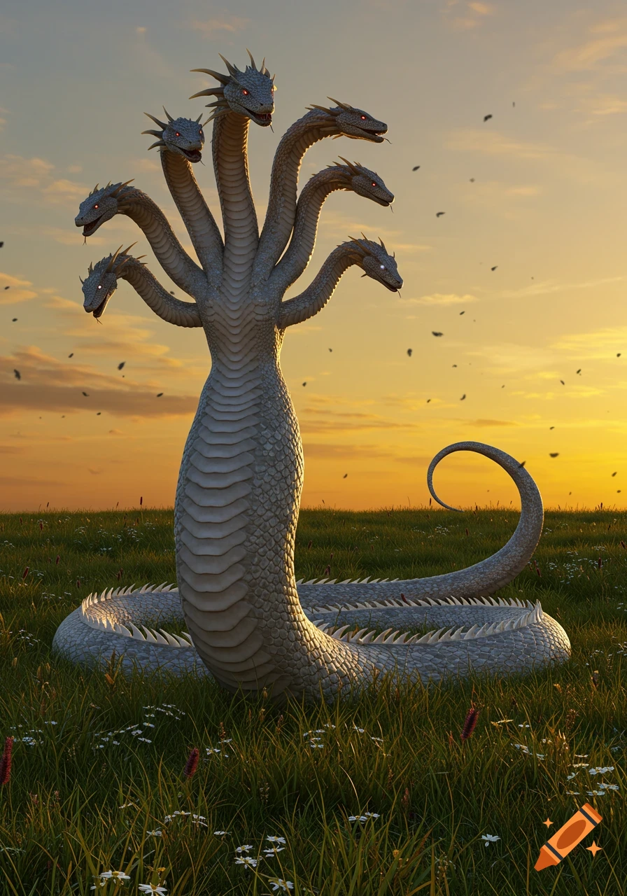 A seven-headed silver Hydra-Nagatus with glowing red eyes stands in a ...