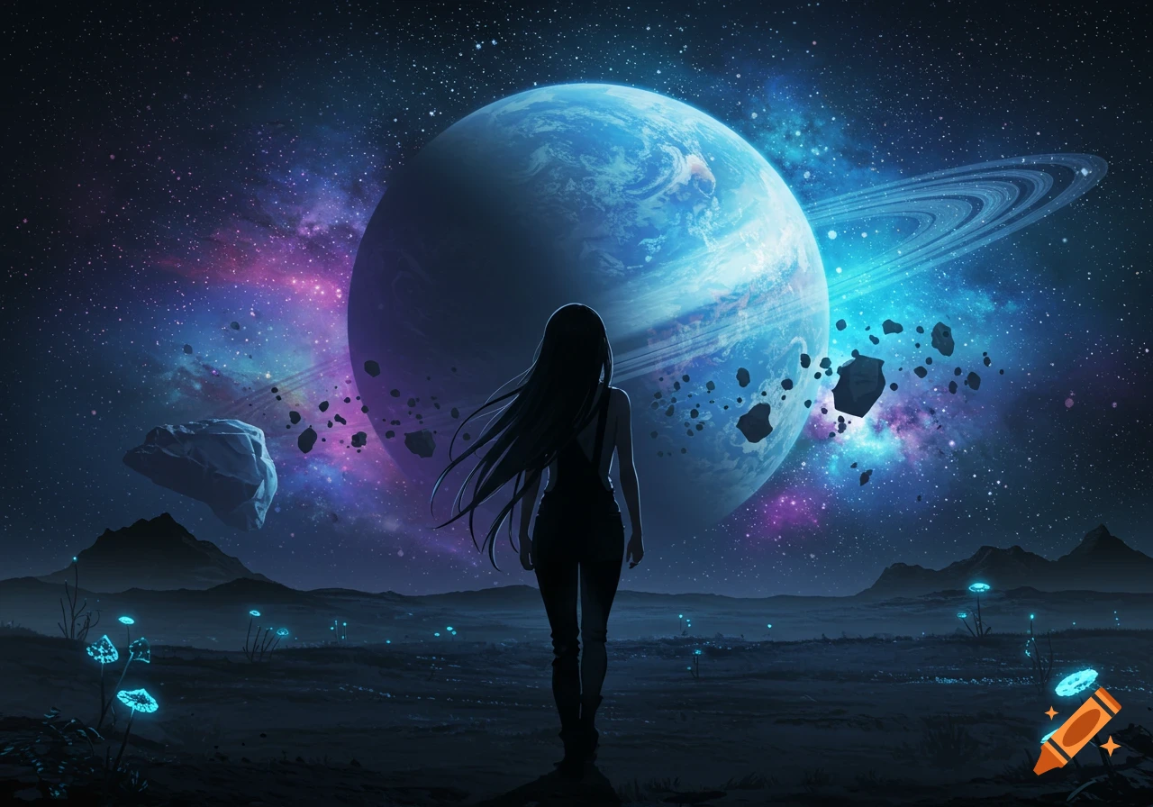 A black-haired anime girl from behind walks on an alien planet towards ...