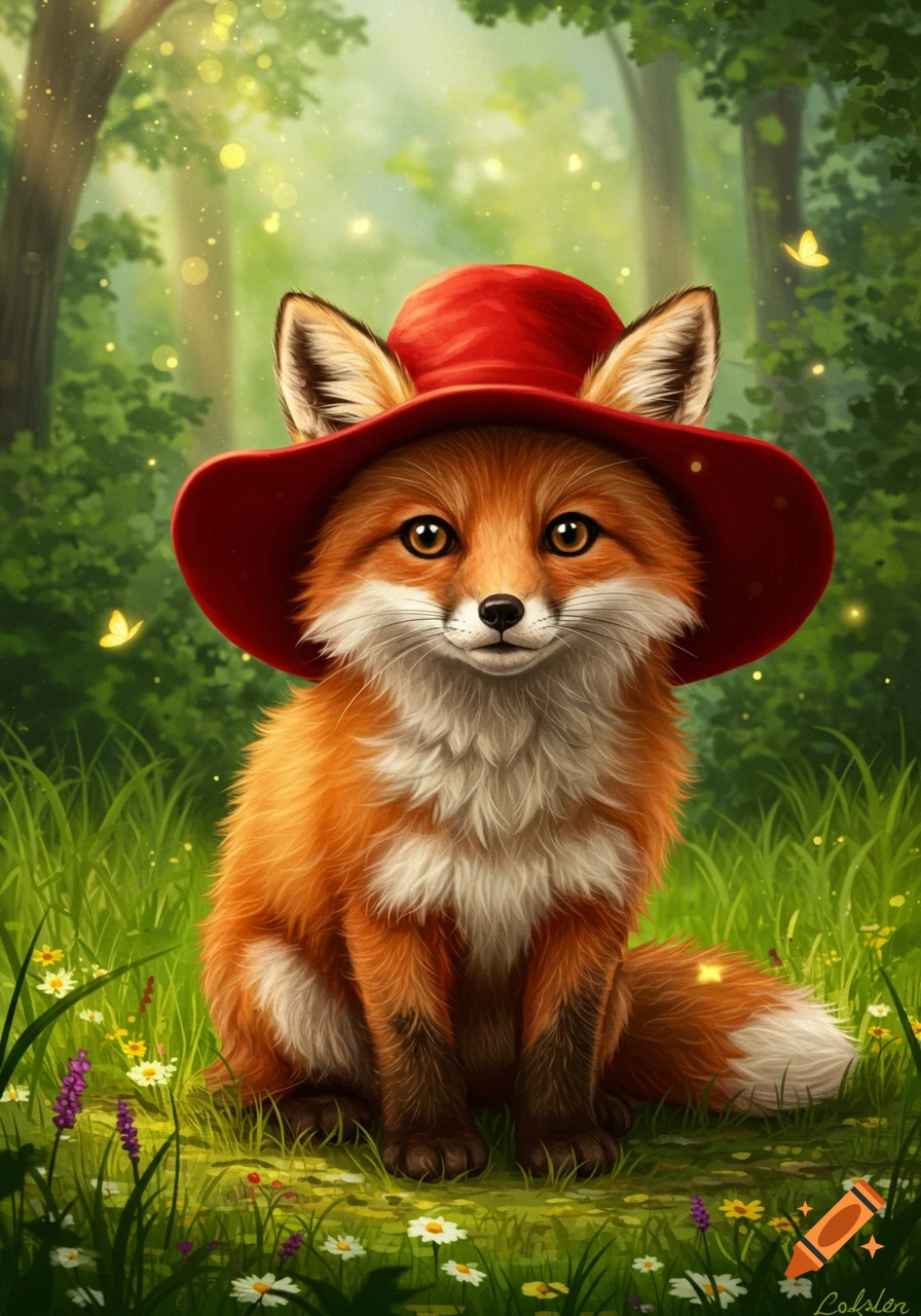 A fluffy orange fox in a red hat sits in a lush green forest with ...