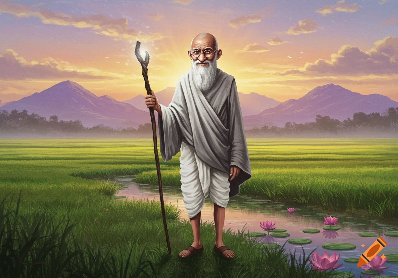 A Gandalf-like Mahatma Gandhi in a white robe holds a glowing staff in ...