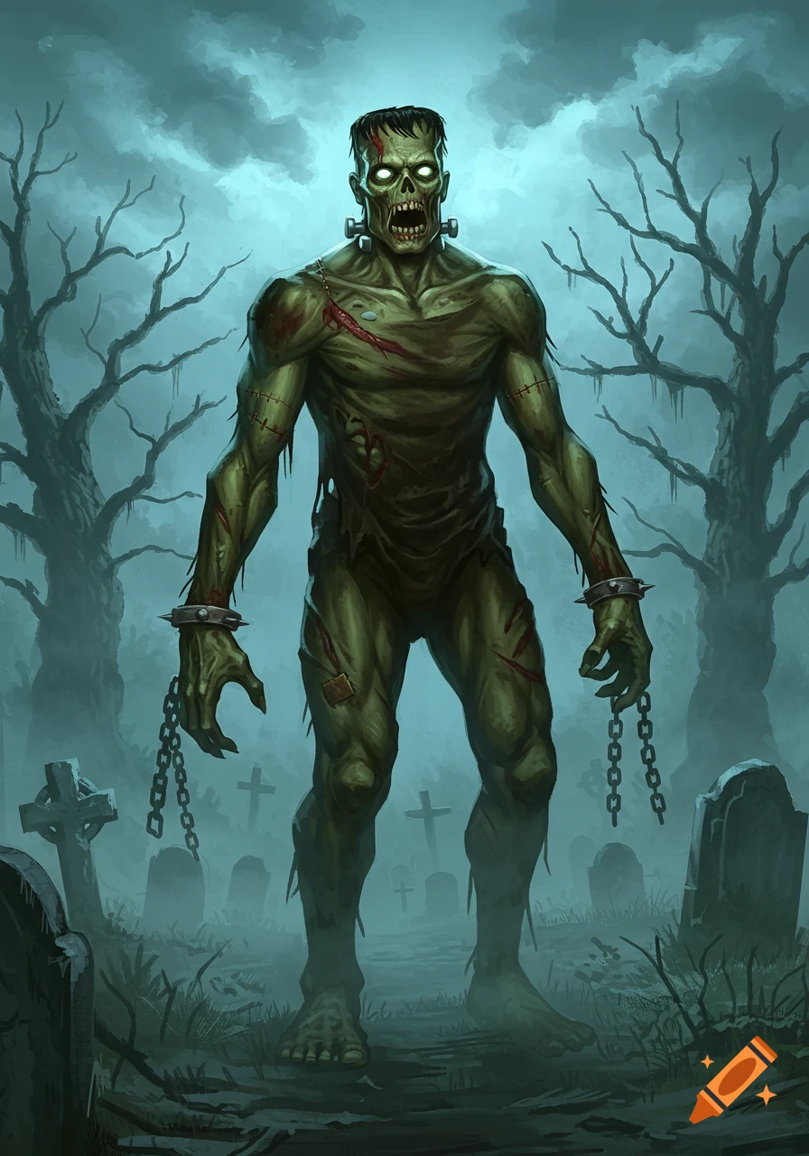 A grotesque Frankenstein monster with glowing eyes and chains stands in ...