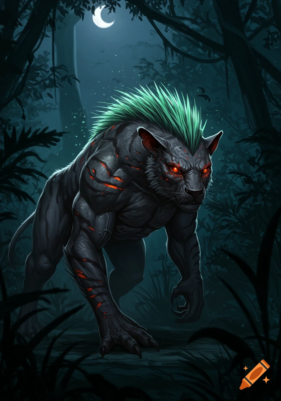 A muscular, dark-furred fantasy creature with glowing red eyes, green ...