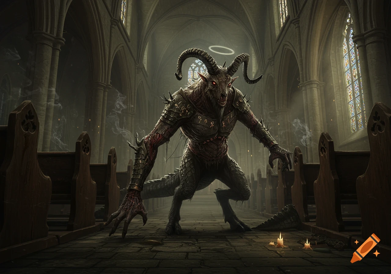 A demonic chimera with a goat head and an angelic halo stands ...