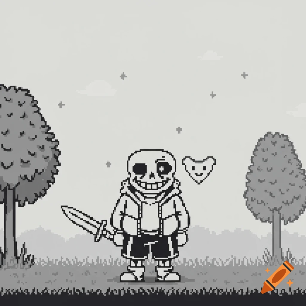 Pixel art of Sans from Undertale, a skeleton character with a sword ...