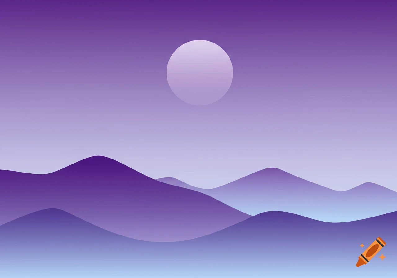 A minimalist landscape with purple mountains and a light purple sun ...