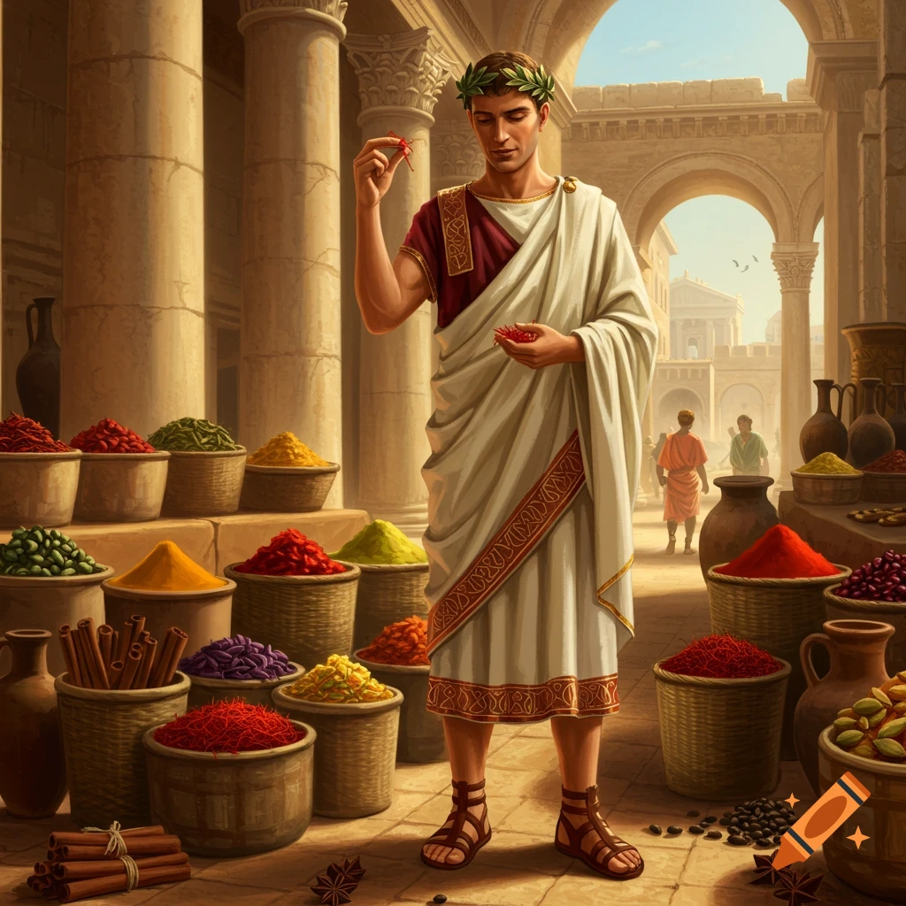 A Roman man in a toga inspects colorful spices at a busy ancient market ...