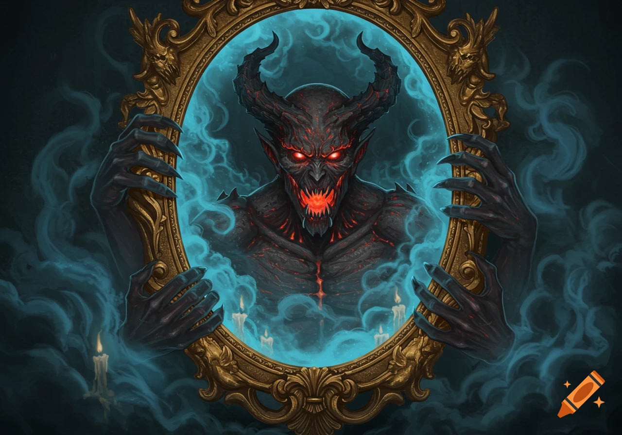 A red-eyed, black-skinned demon with horns and sharp teeth emerges from ...