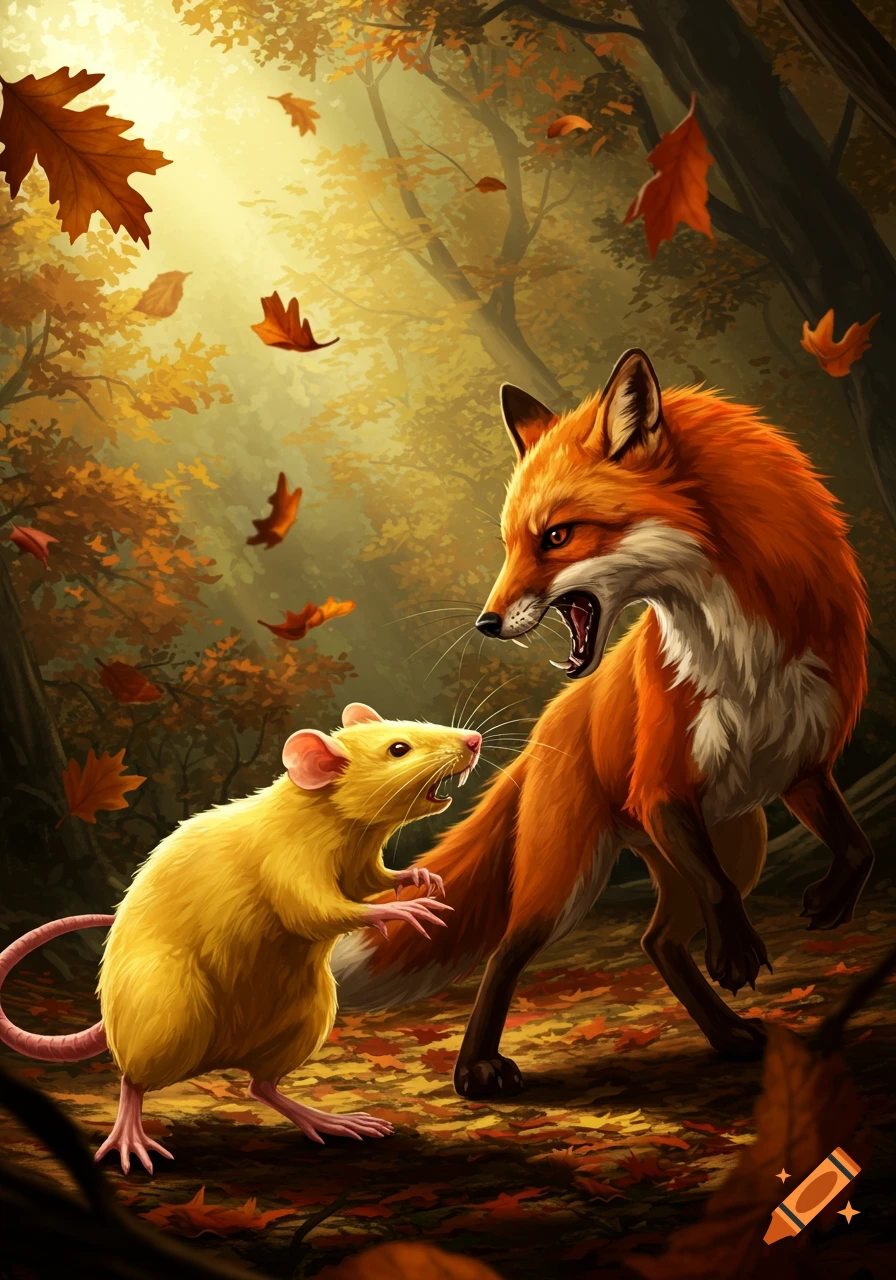 An illustration of an angry red fox and a yellow rat snarling at each ...