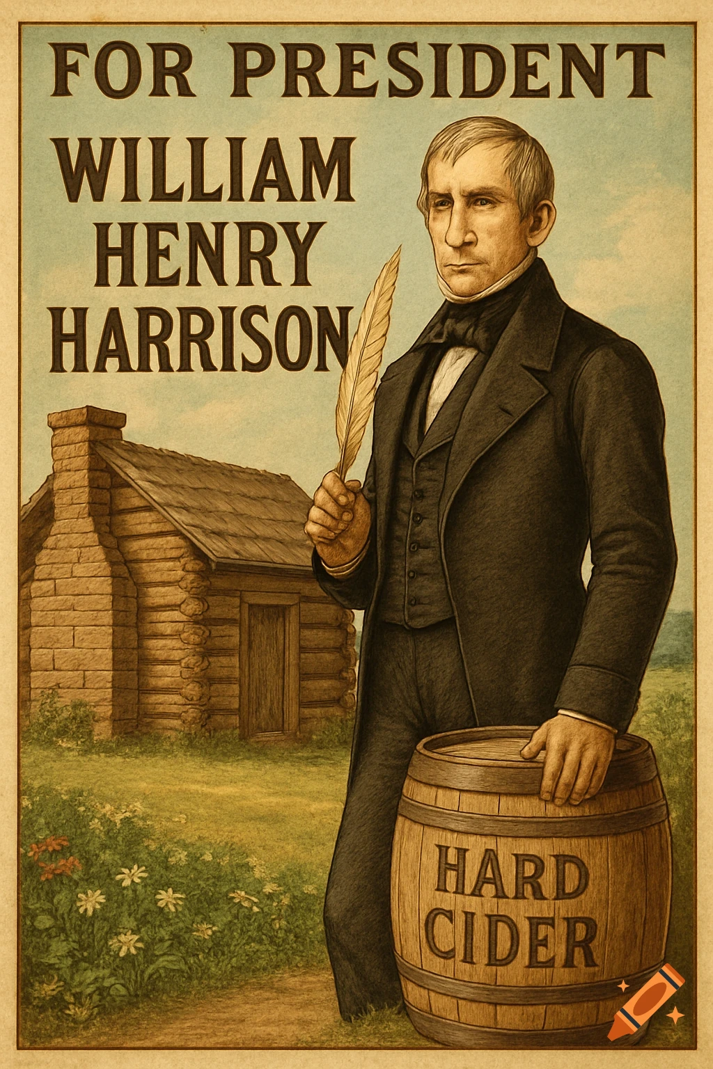 A vintage political poster depicts William Henry Harrison, holding a ...