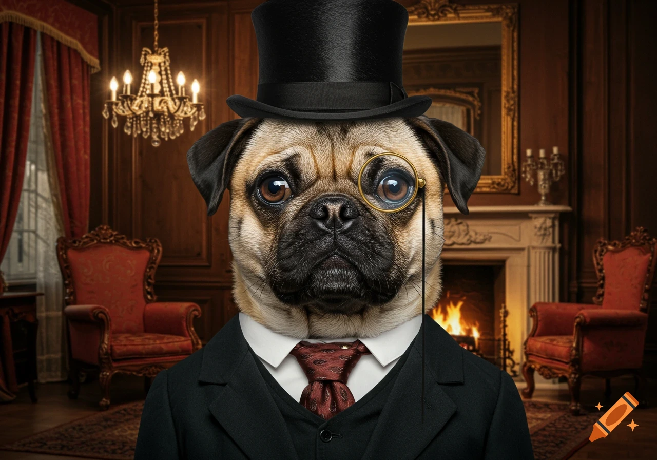 A pug dog wearing a black top hat, suit, and monocle, looking directly ...