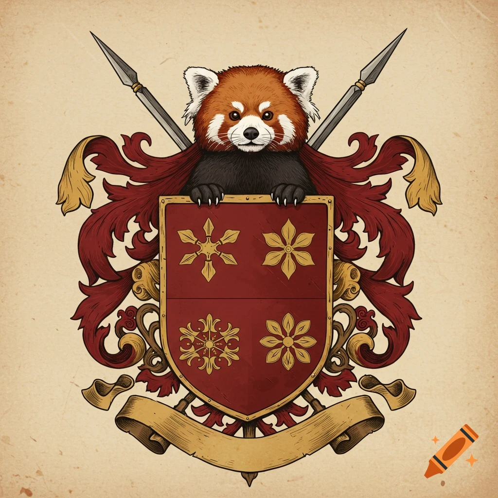 A medieval coat of arms illustration with a red panda holding a shield ...